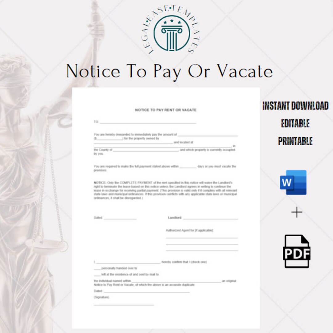 Notice to Pay Rent or Vacate Template - Etsy