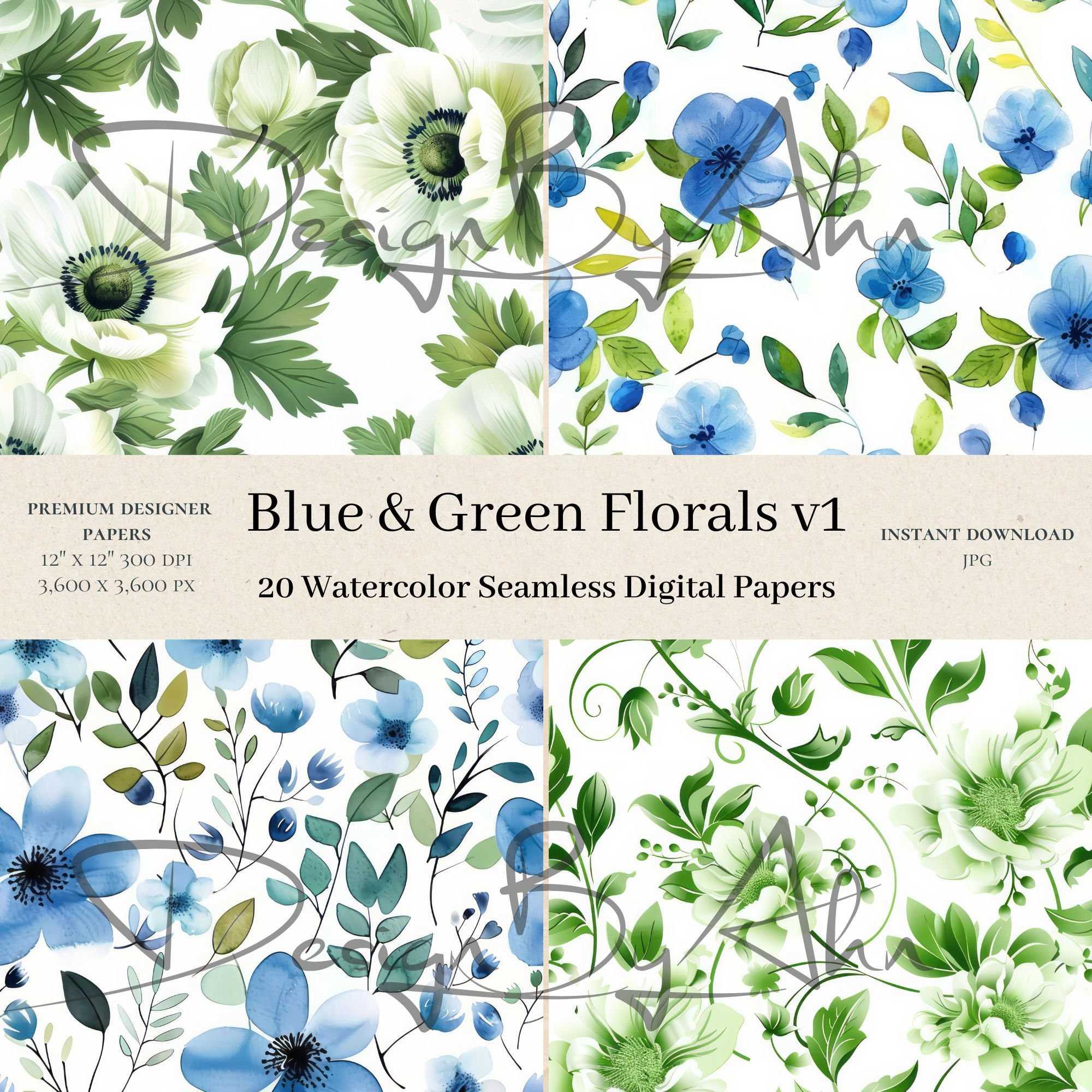 20 Blue & Green Florals Digital Papers - Watercolor Seamless Digital ...
