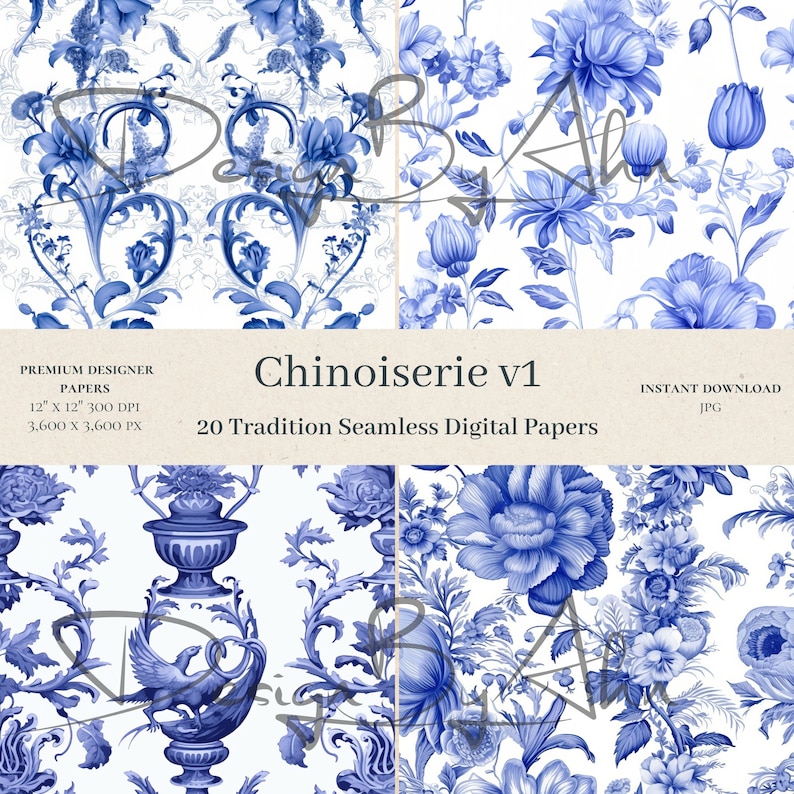 20 Chinoiserie Digital Papers Flower Scrapbook, Seamless Digital Paper ...