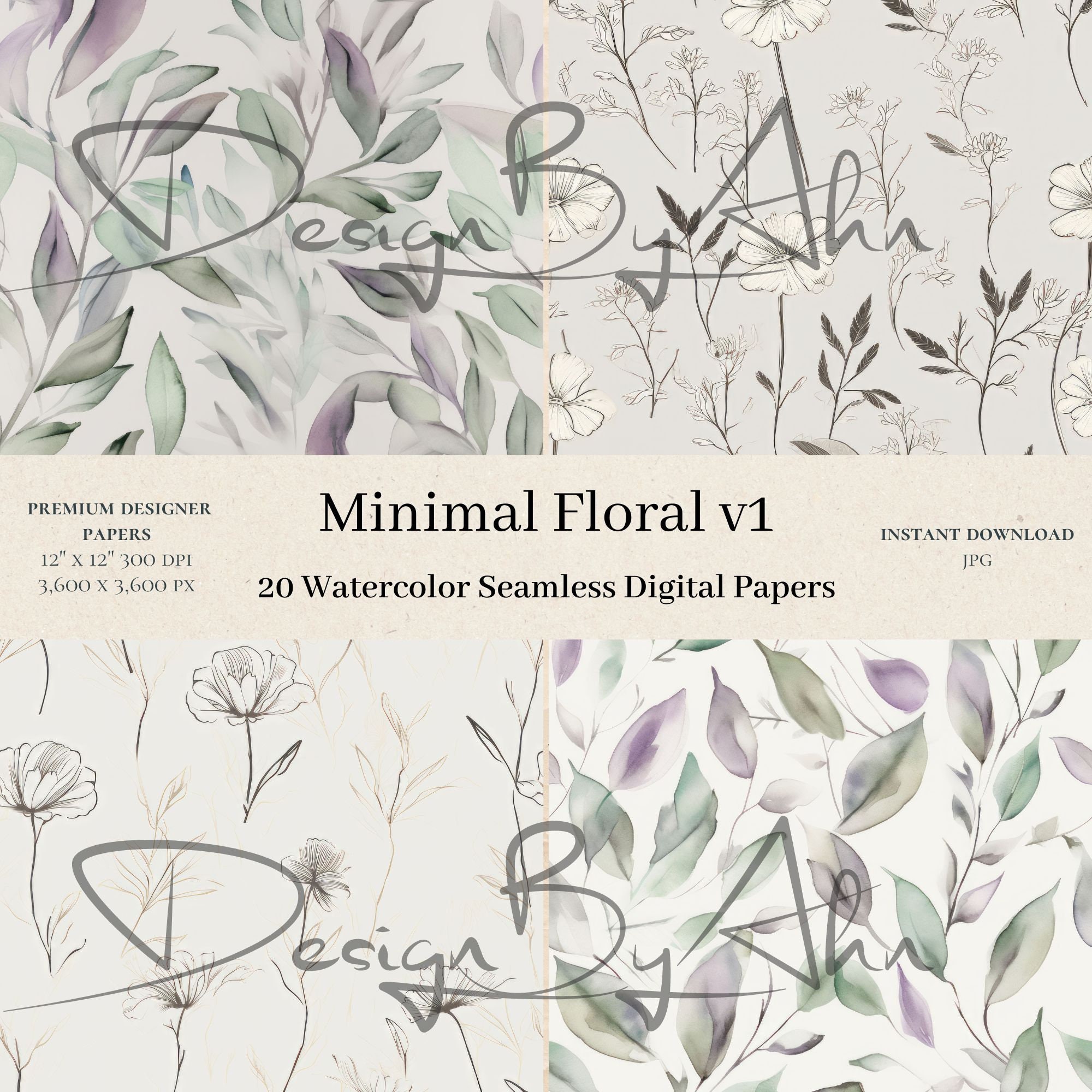 20 Minimal Floral Digital Papers - Watercolor Scrapbook, Seamless ...