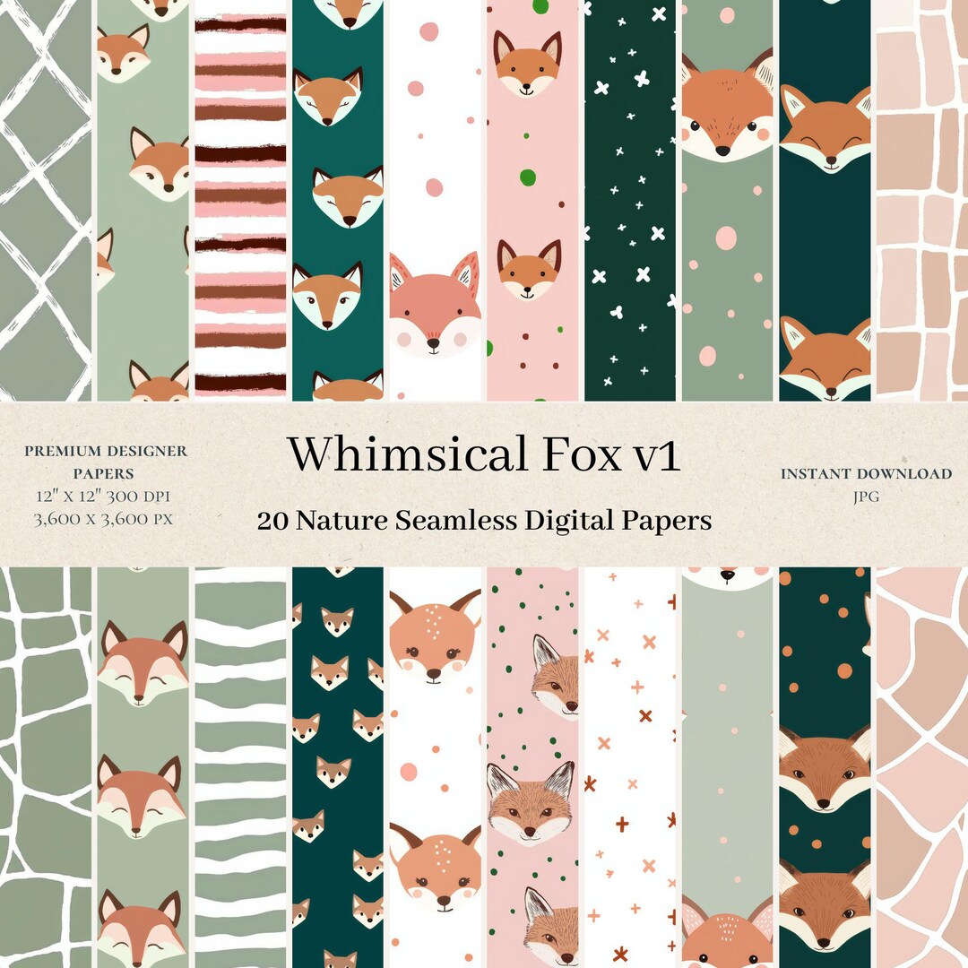 20 Whimsical Fox Digital Papers - Teal Seamless Repeat Paper, Modern ...
