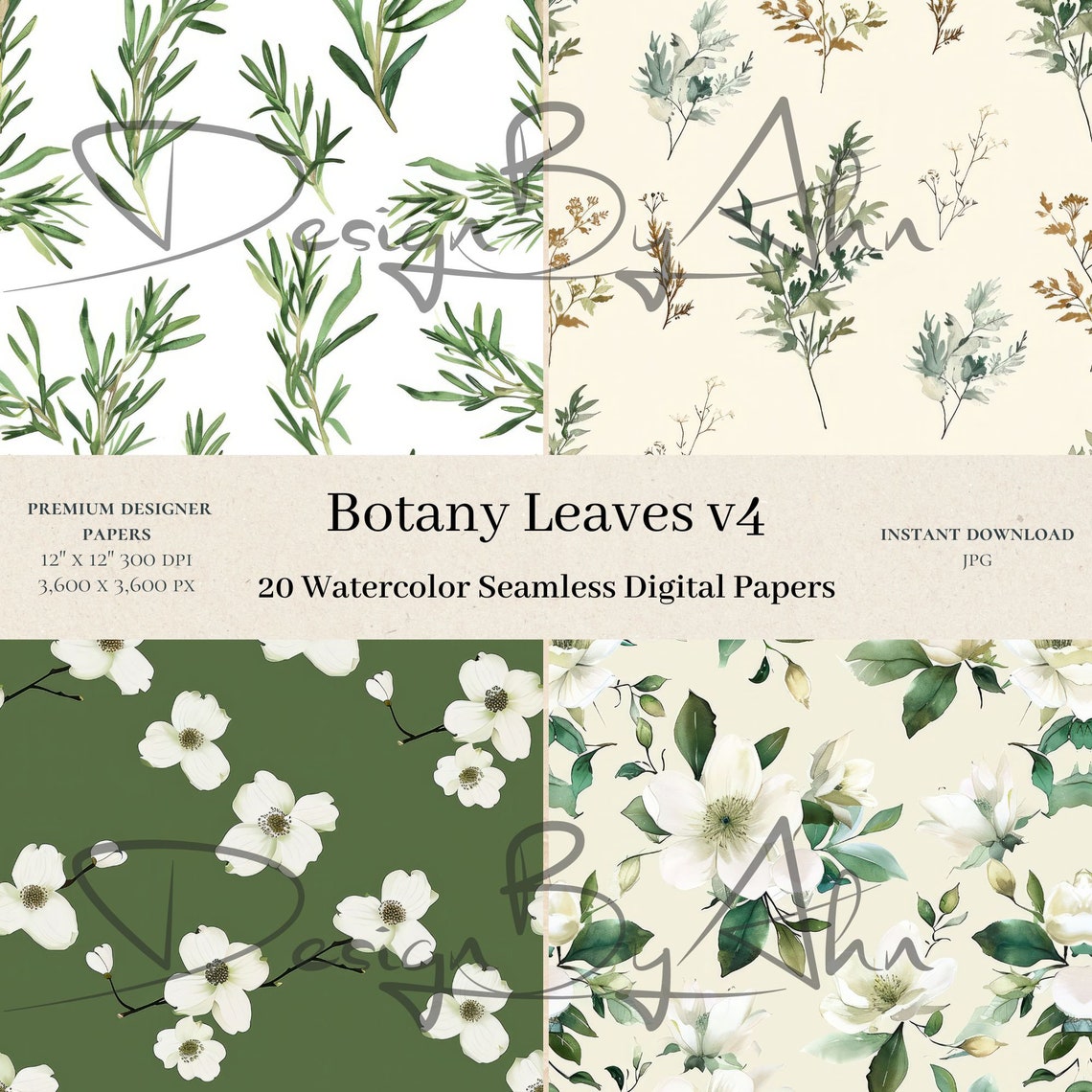 20 Botany Leaves Digital Papers - Watercolor Scrapbook, Greenery ...