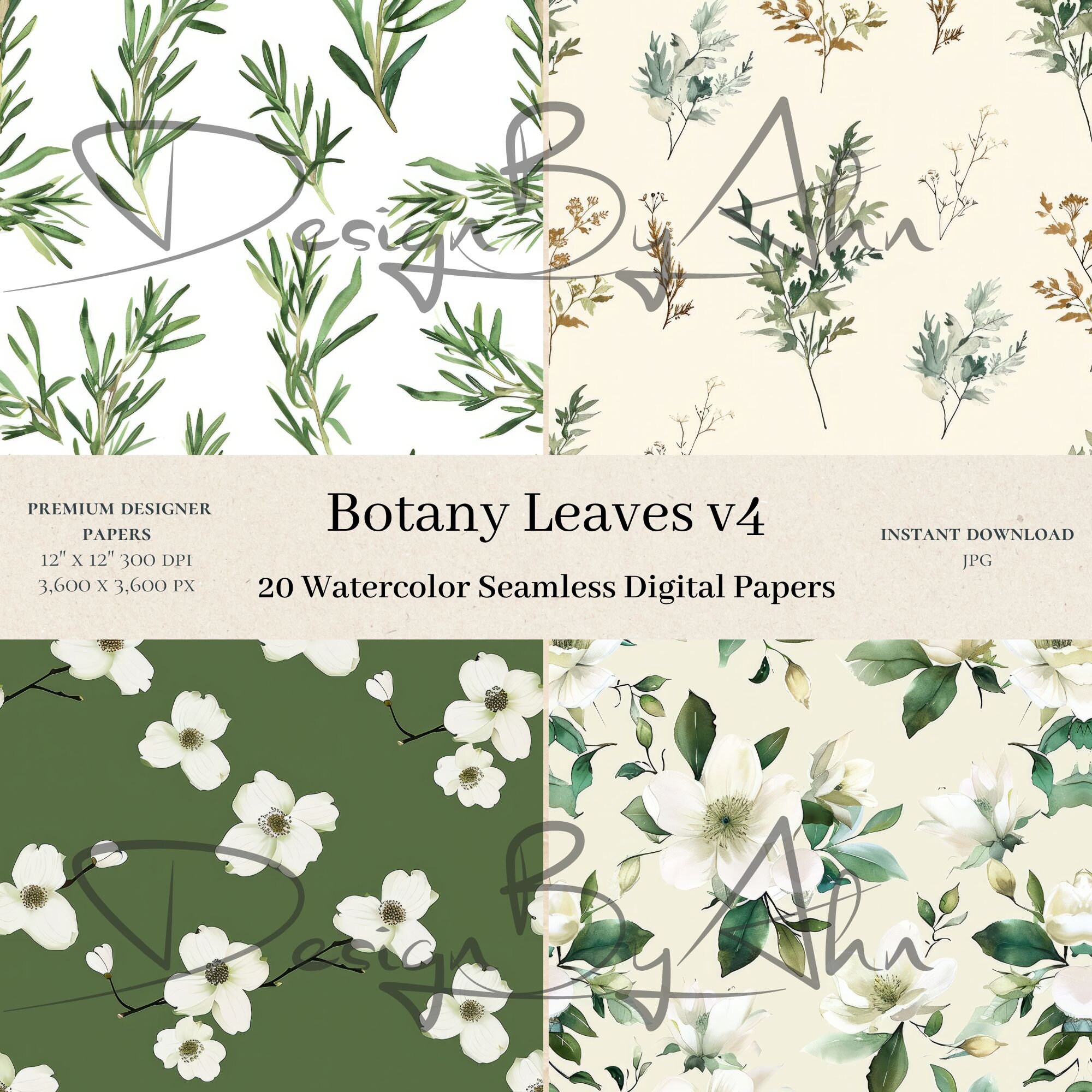 20 Botany Leaves Digital Papers Watercolor Scrapbook, Greenery Digital ...