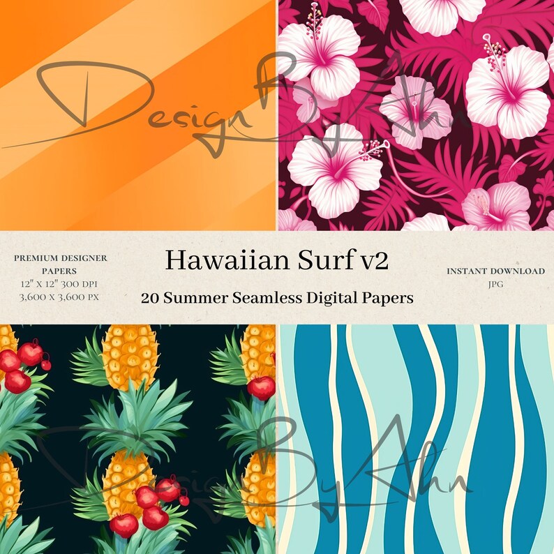 20 Hawaiian Surf Digital Papers - JPG, Tropical Seamless Pattern, Surf ...