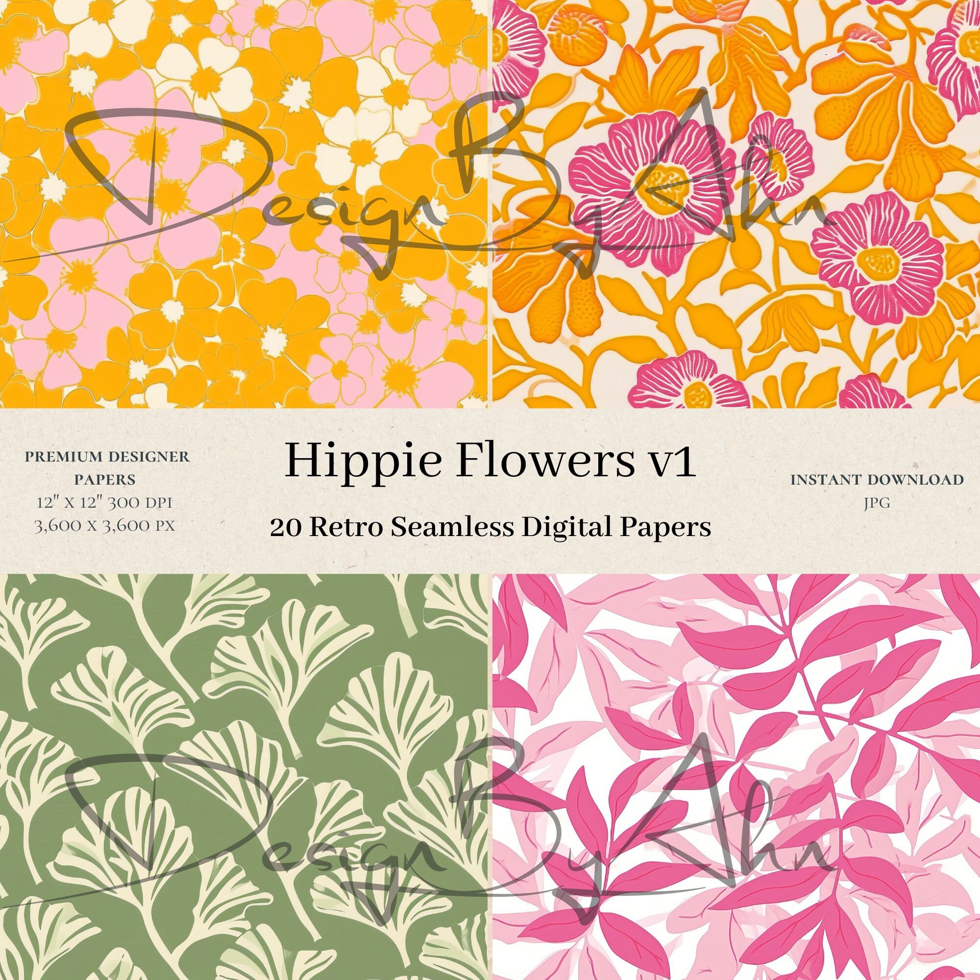 20 Hippie Flowers Digital Papers Seamless Patterns, Commercial Use ...