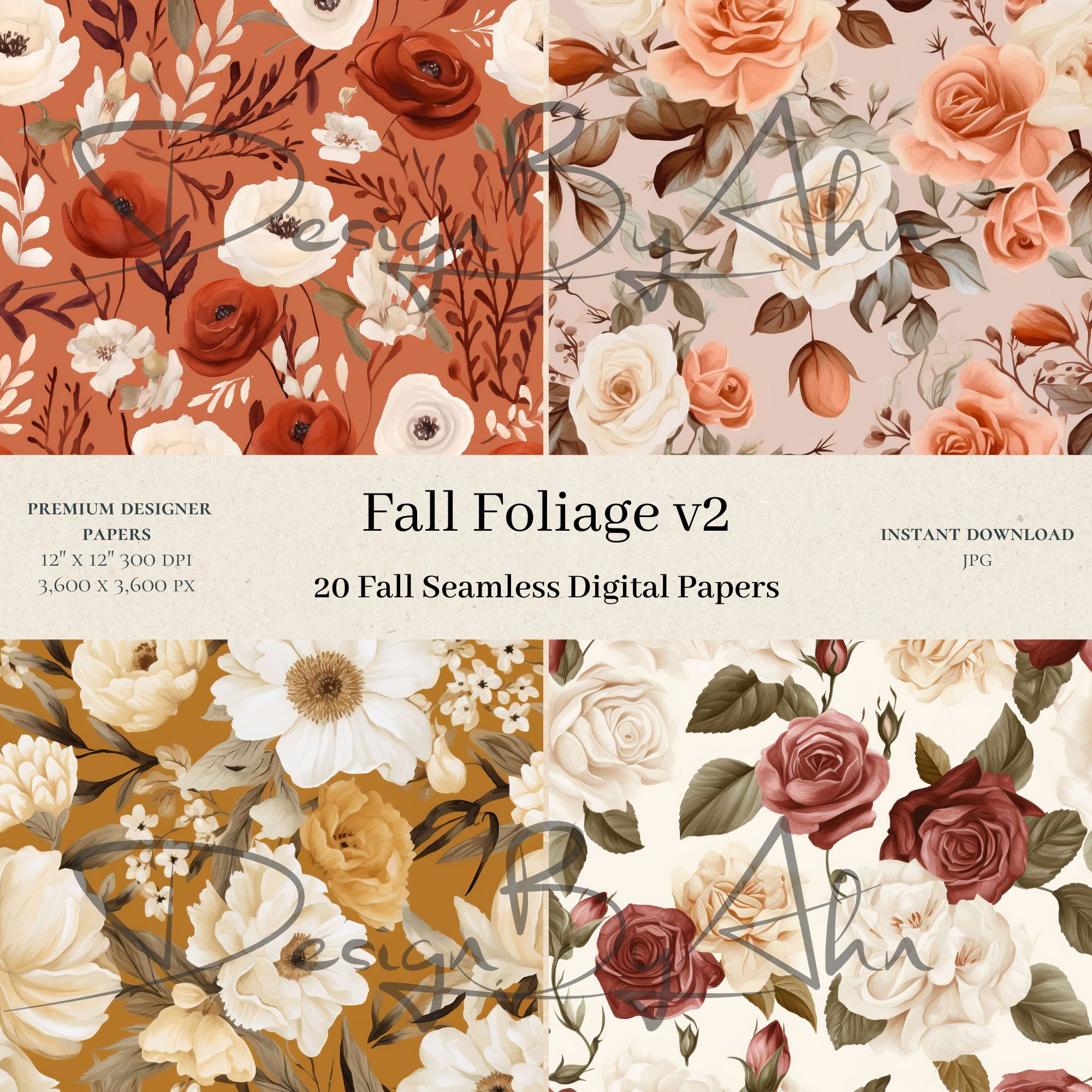 20 Fall Foliage Digital Papers - Watercolor Seamless Pattern, Floral ...