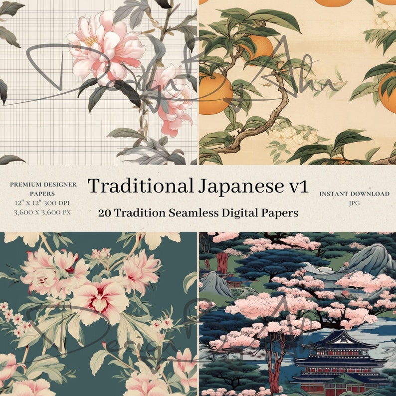 20 Traditional Japanese Digital Papers - Grunge Scrapbook, Seamless ...