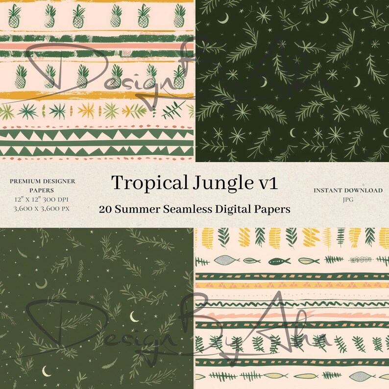 20 Tropical Jungle Digital Papers - Elephant Scrapbook, Botanical Paper ...