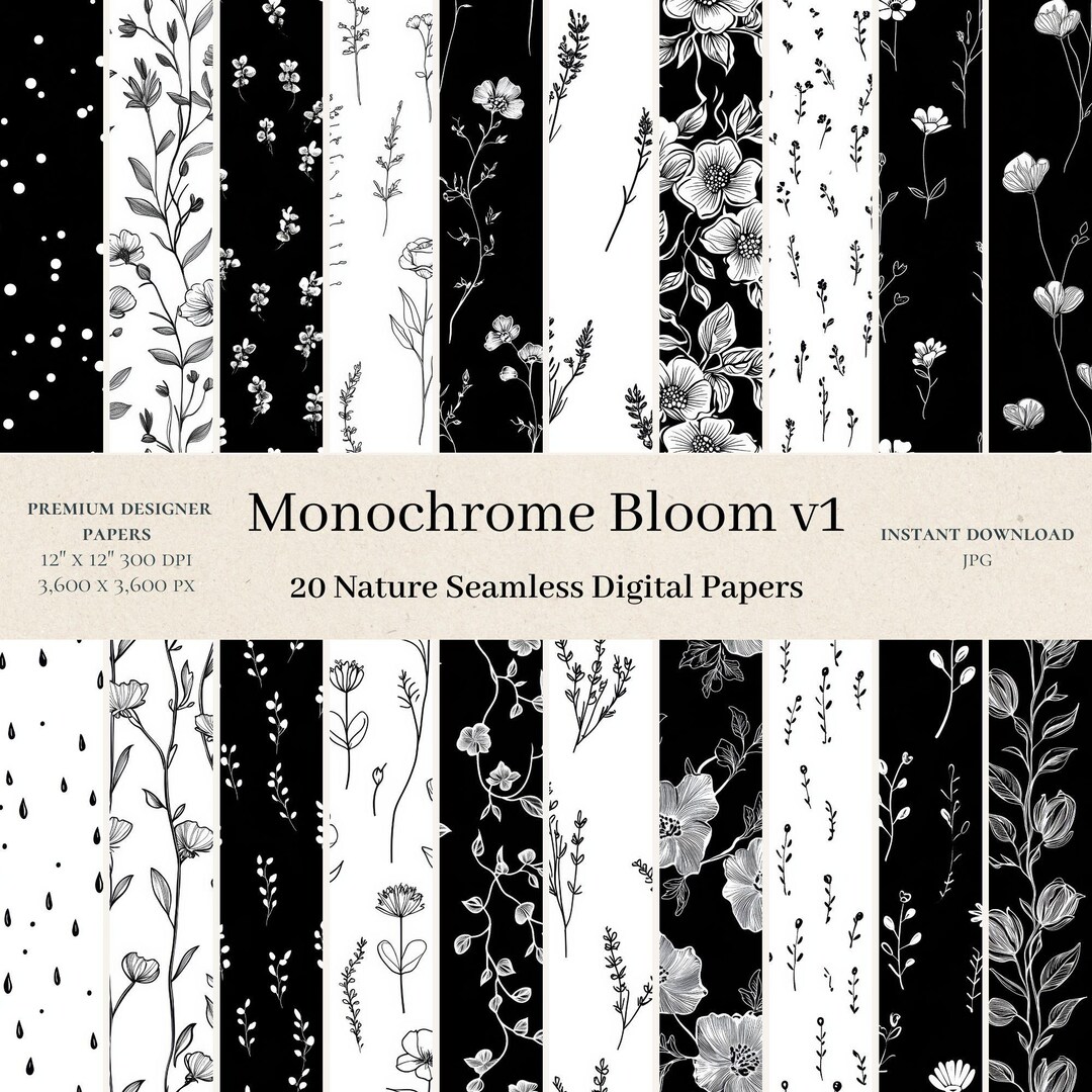 20 Monochrome Bloom Digital Papers - Black & White Floral Seamless ...