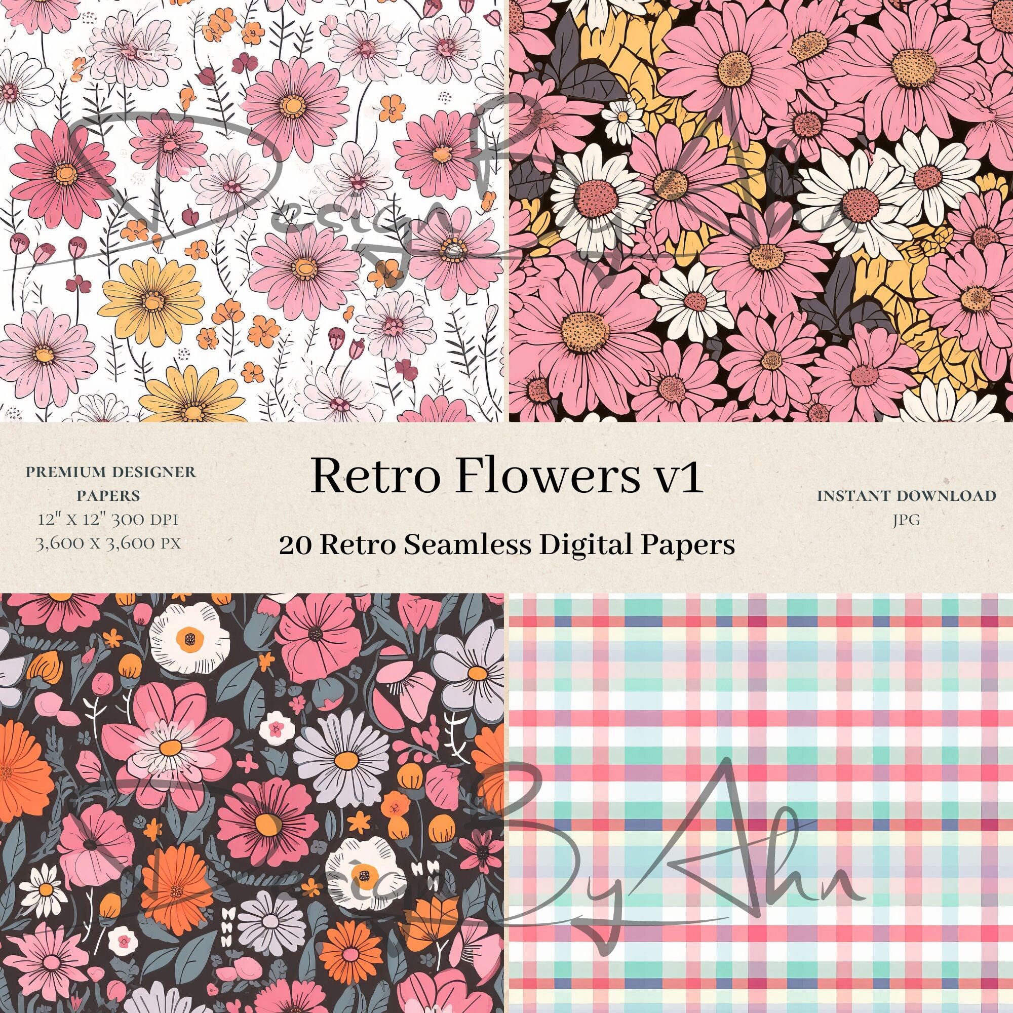 20 Retro Flowers Digital Papers Commercial Use, Scrapbook Paper, Retro ...