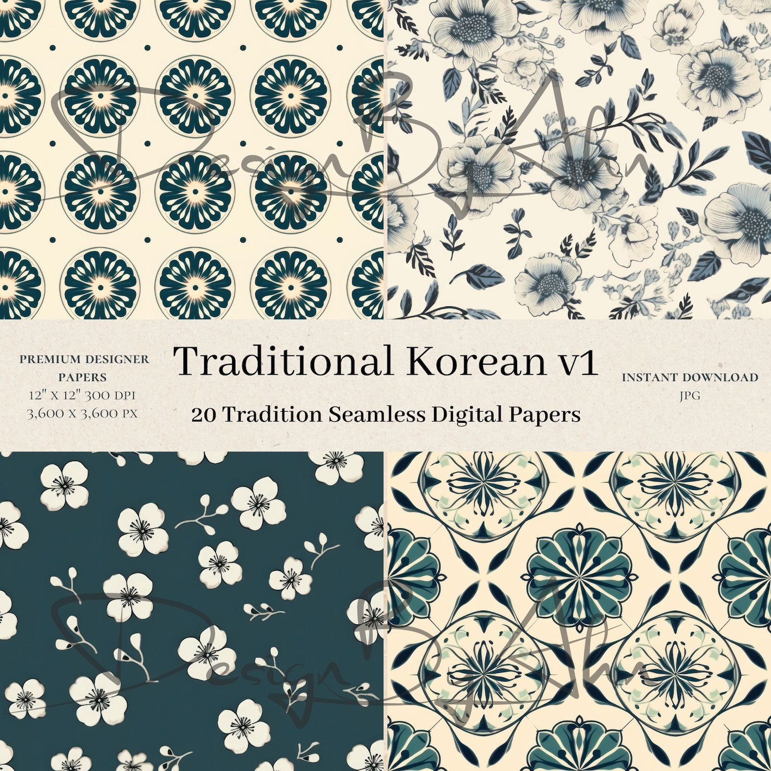 20 Traditional Korean Digital Papers - Hand-drawn Scrapbook, Seamless ...