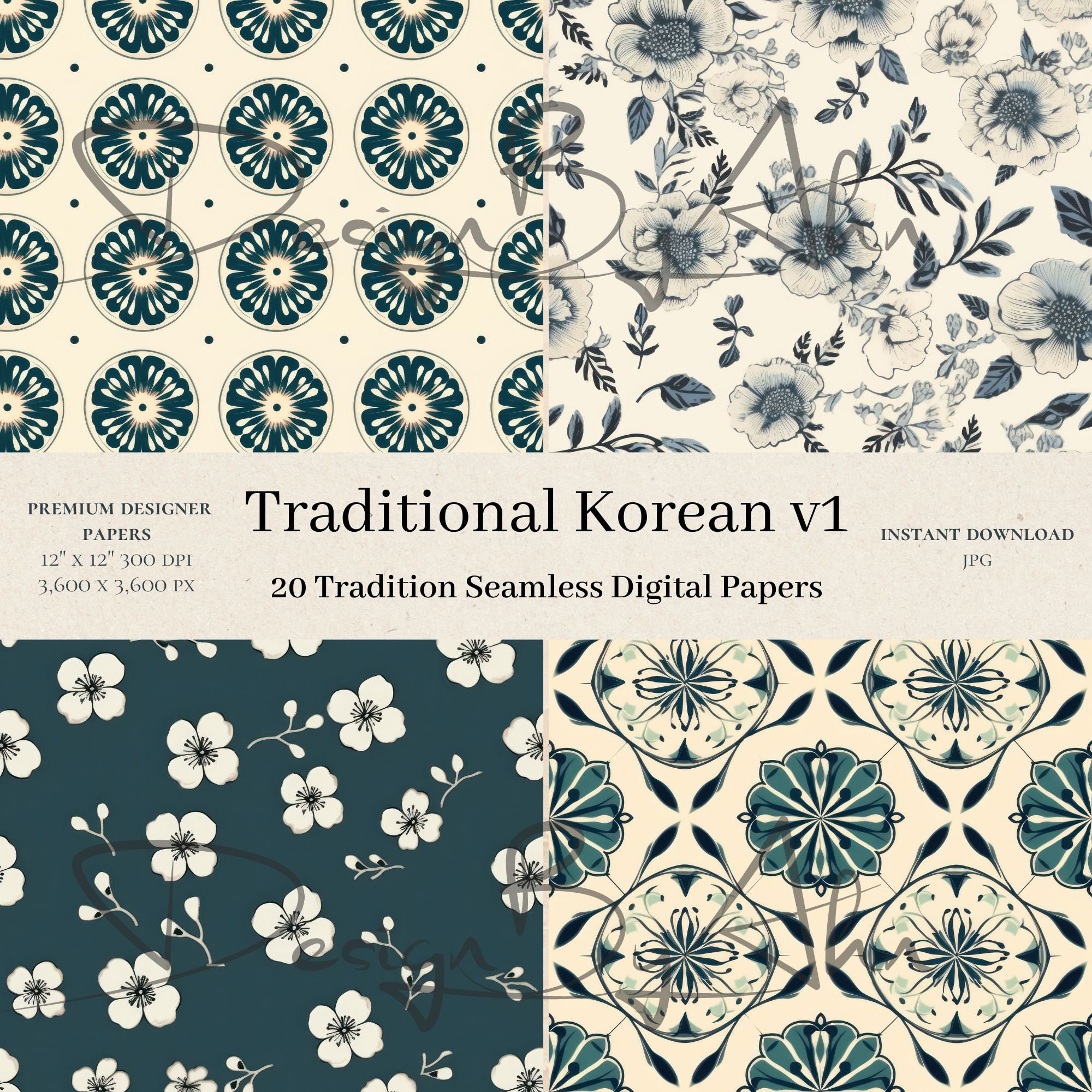 20 Traditional Korean Digital Papers - Hand-drawn Scrapbook, Seamless ...