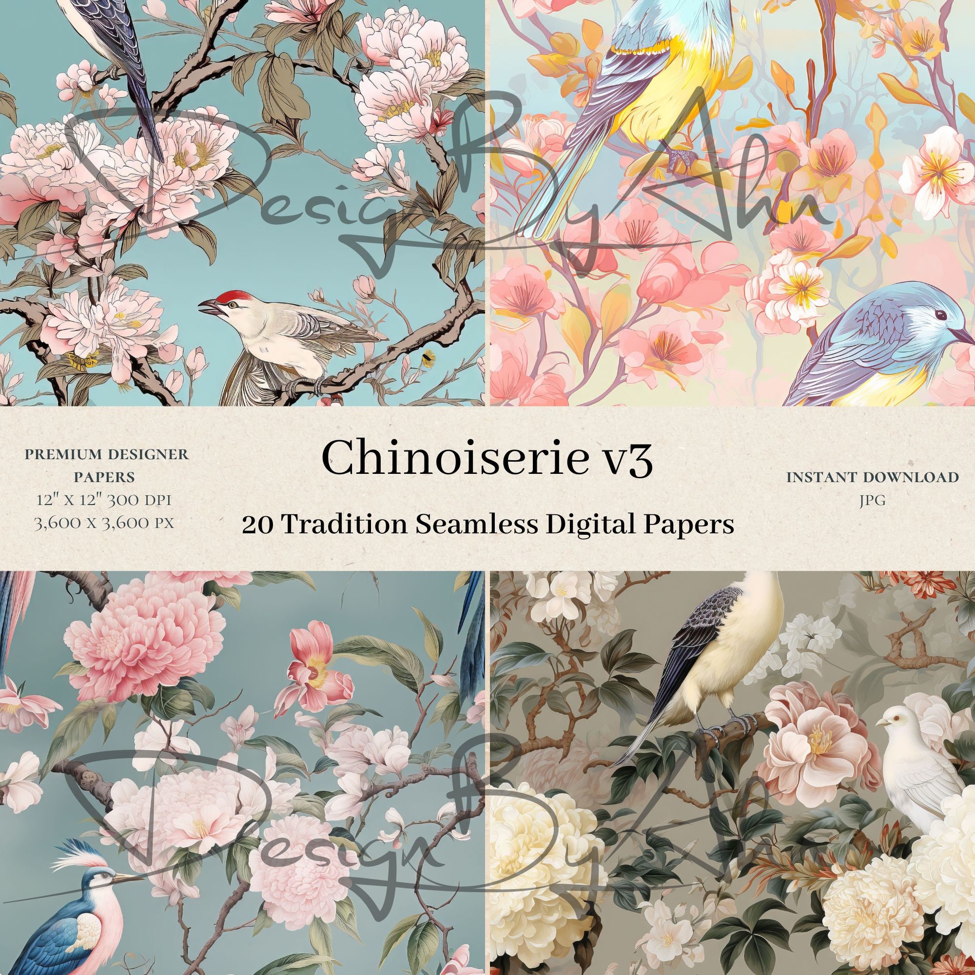 20 Chinoiserie Digital Papers Flower Scrapbook, Seamless Digital Paper ...