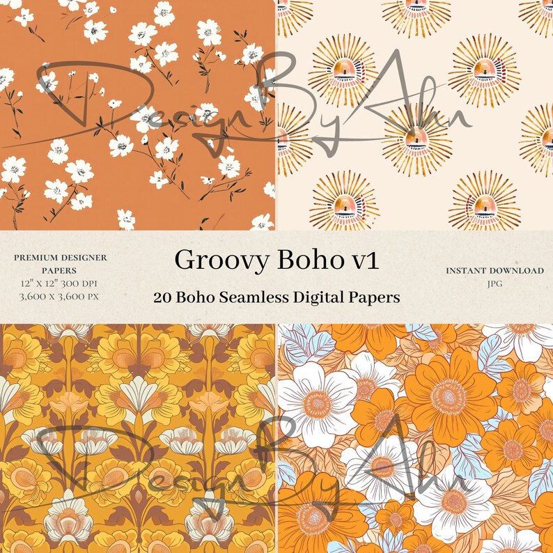 20 Boho Groovy Digital Papers Commercial Use, Seamless Pattern, Groovy 70s Flower Vintage Art ...
