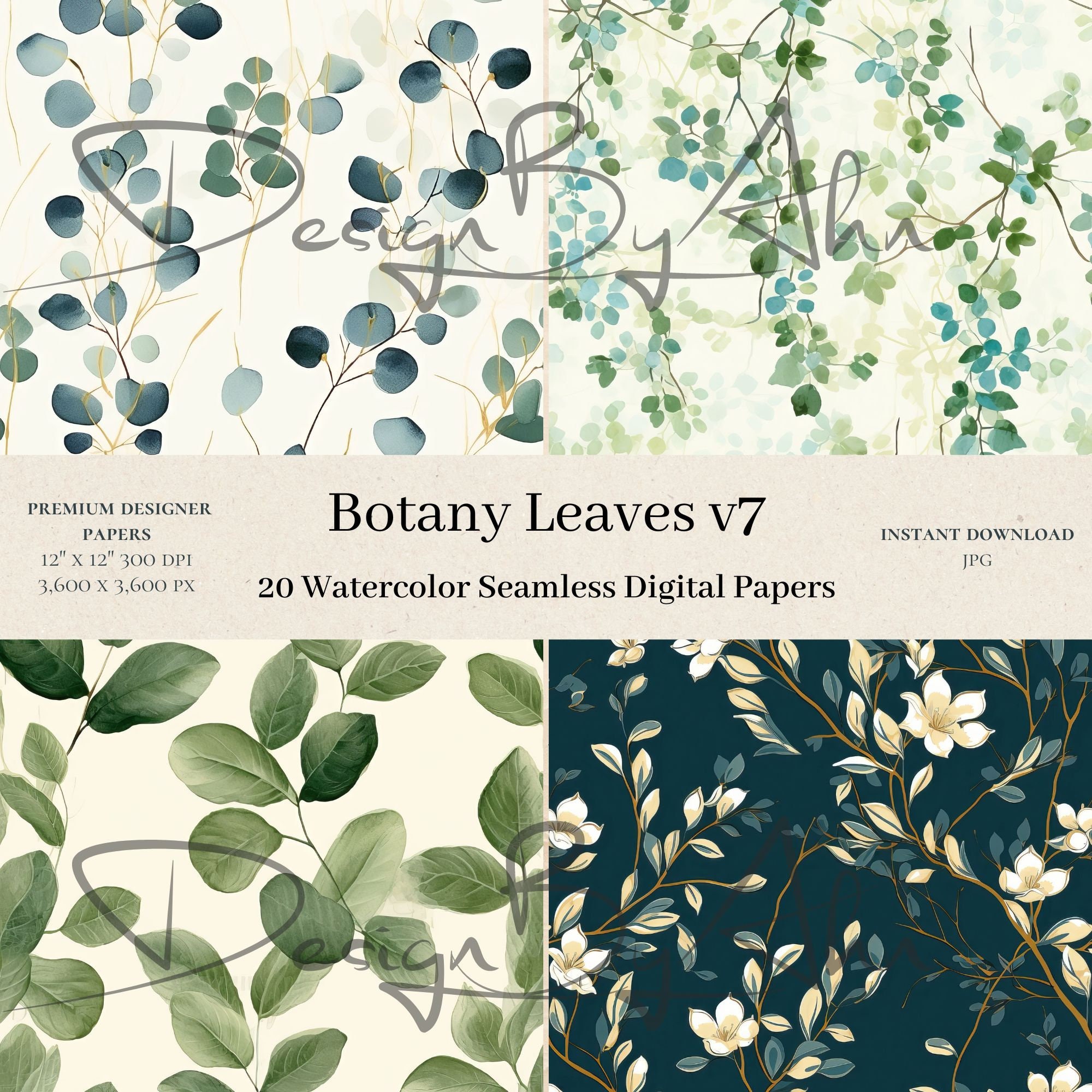 20 Botany Leaves Digital Papers - Eucalyptus Scrapbook, Flower Seamless ...