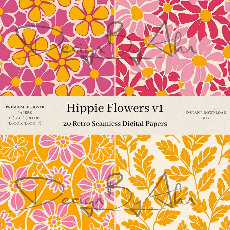 20 Hippie Flowers Digital Papers - Seamless Patterns, Commercial Use ...