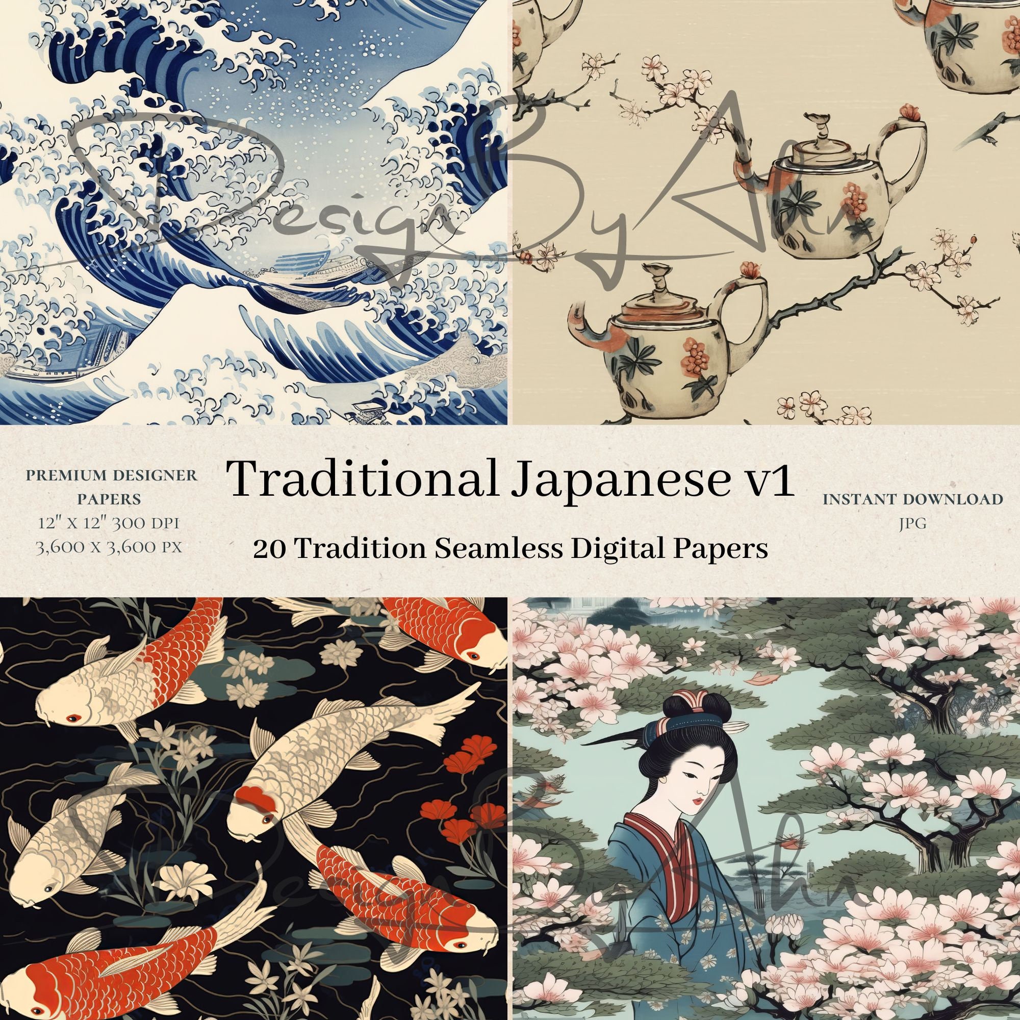 20 Traditional Japanese Digital Papers Grunge Scrapbook, Seamless ...