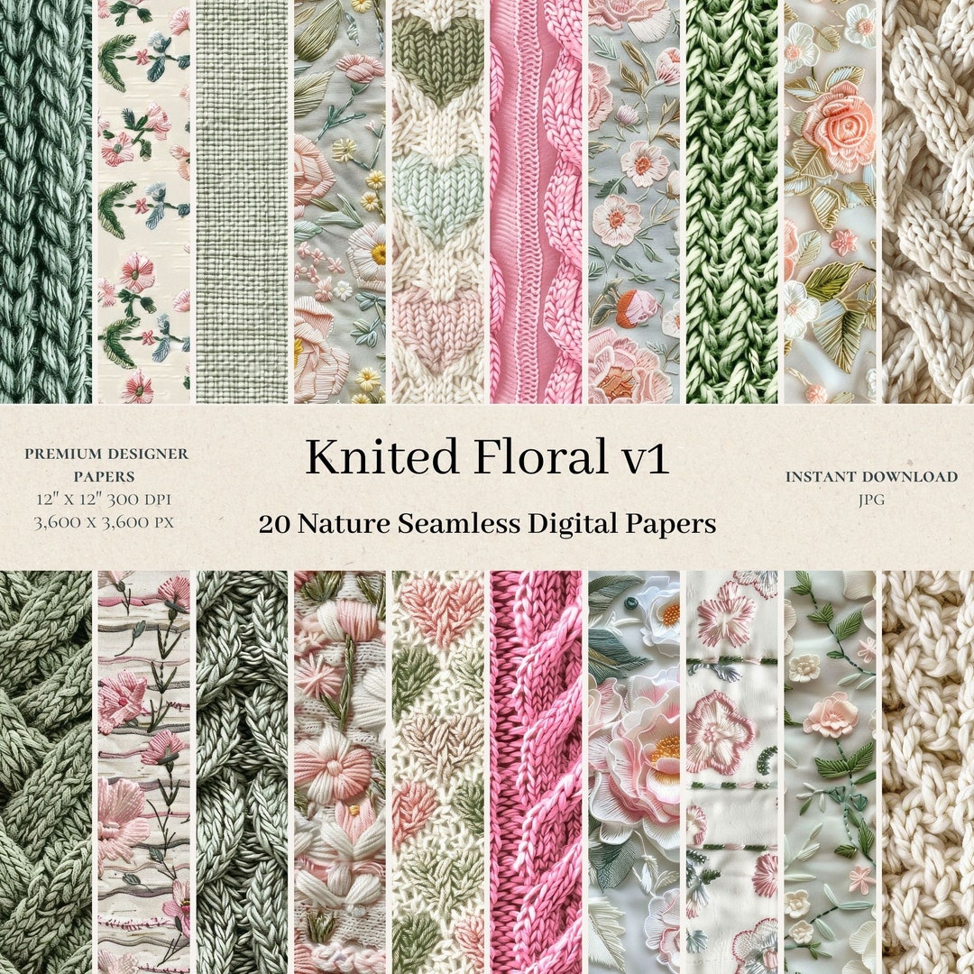 20 Knitted Floral Digital Papers - Embroidery Seamless Digital Paper ...