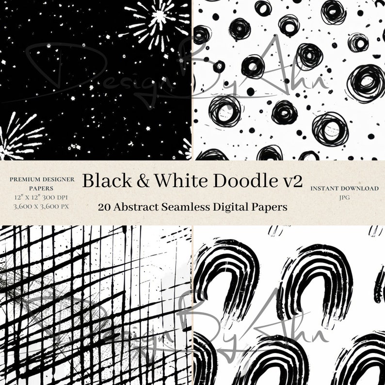 20 Black & White Doodle Digital Papers - Doodle Scrapbook, Hand Drawn ...