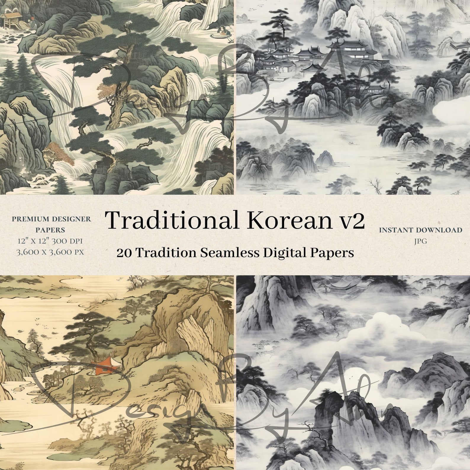 20 Traditional Korean Digital Papers - Hand-drawn Scrapbook, Seamless ...