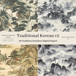 20 Traditional Korean Digital Papers - Hand-drawn Scrapbook, Seamless ...