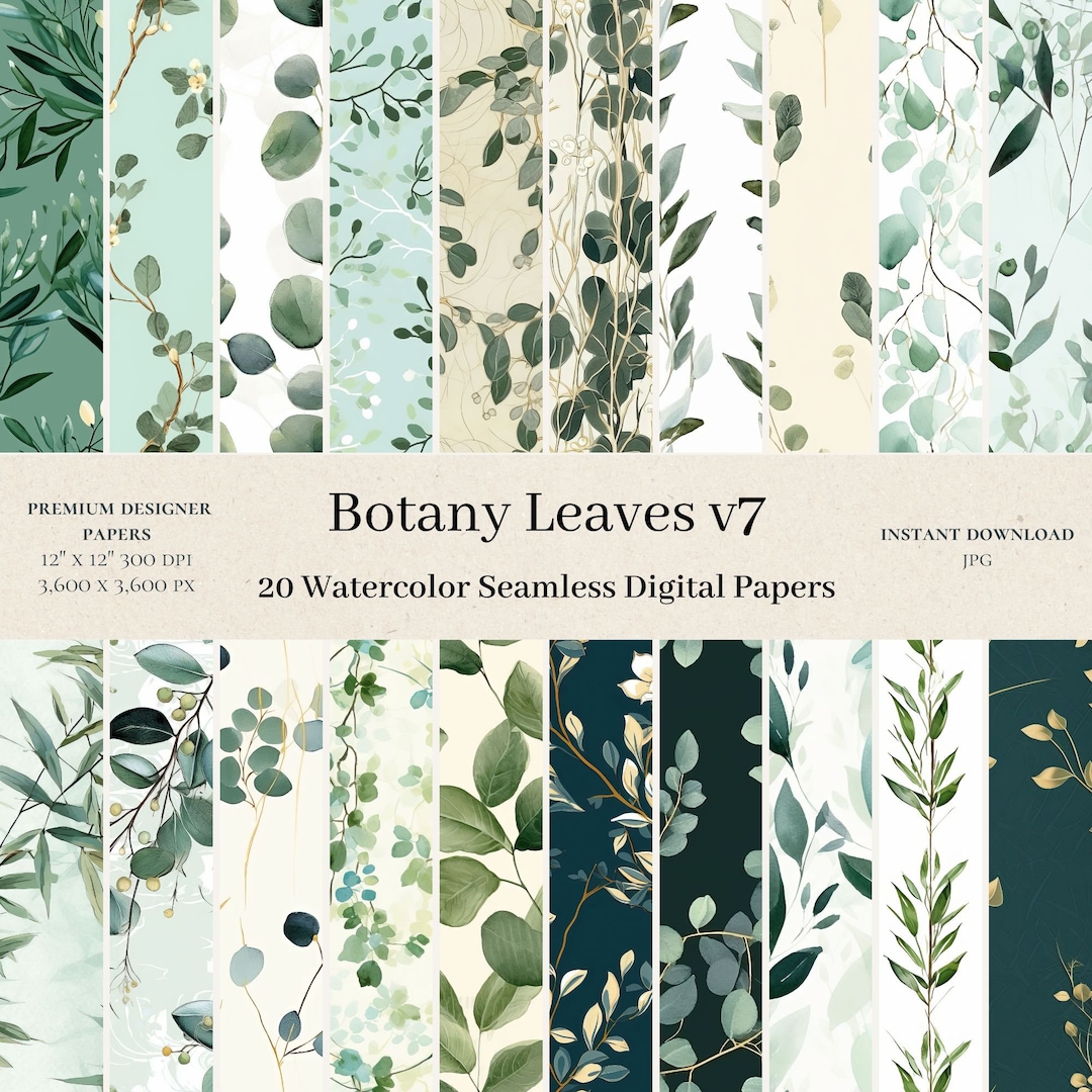 20 Botany Leaves Digital Papers - Eucalyptus Scrapbook, Flower Seamless ...