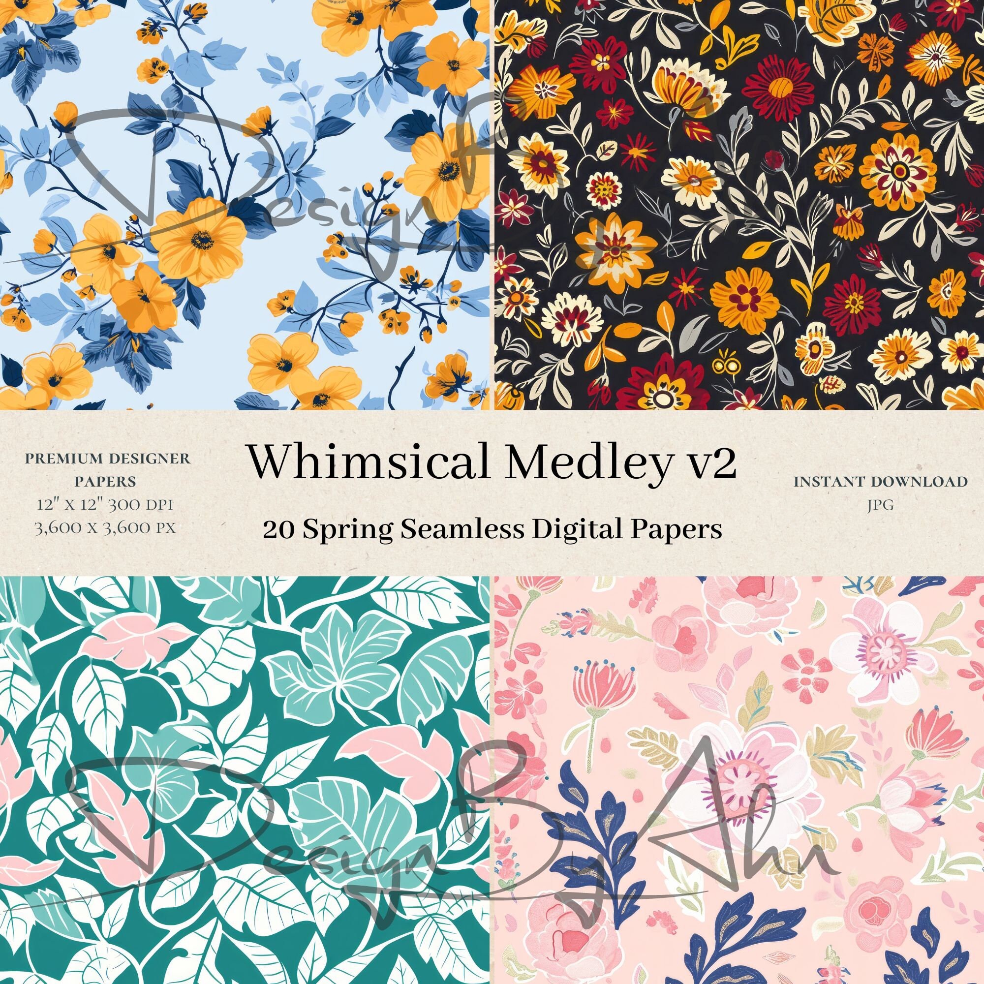 20 Whimsical Medley Digital Papers Flowers Seamless Pattern, Floral ...