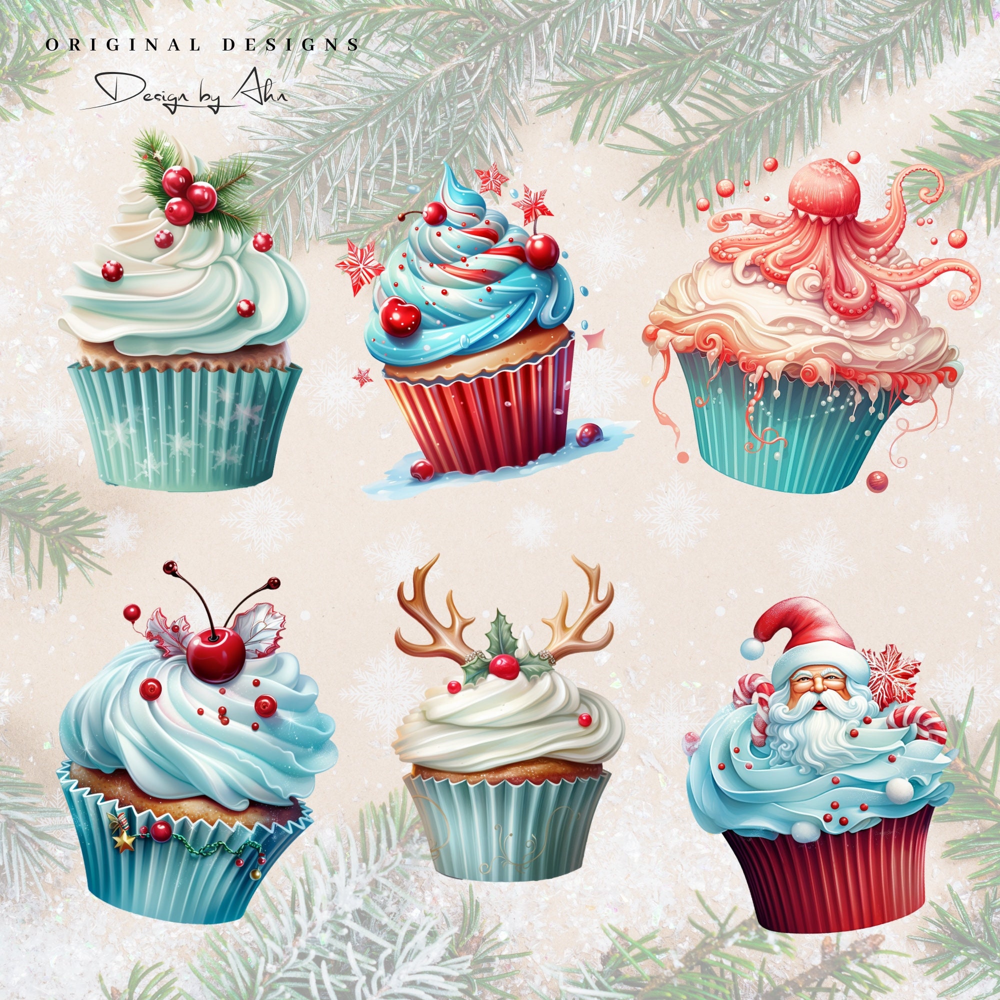 20 Christmas Cupcakes Clipart Set - Transparent Background, Digital PNG ...