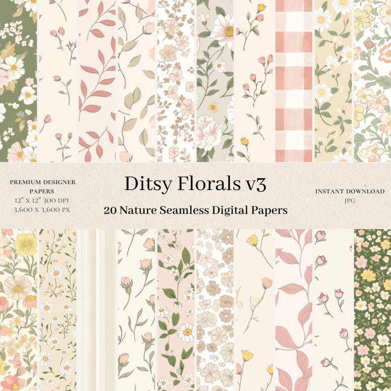 20 Ditsy Florals Digital Papers - Beige, Pink Seamless Pattern, Lilac ...