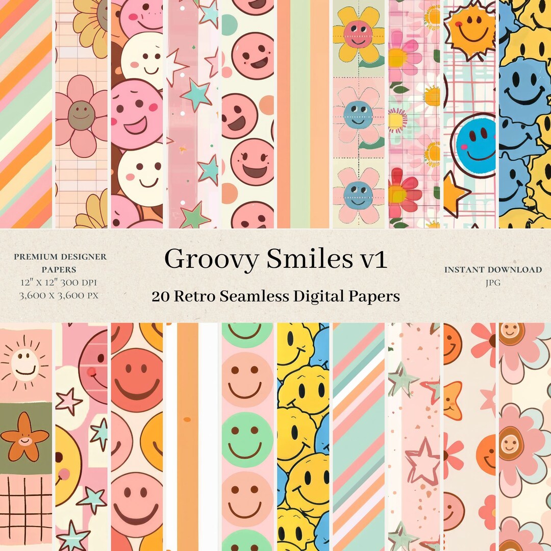 20 Groovy Smiles Digital Papers - Seamless Patterns, Commercial Use ...