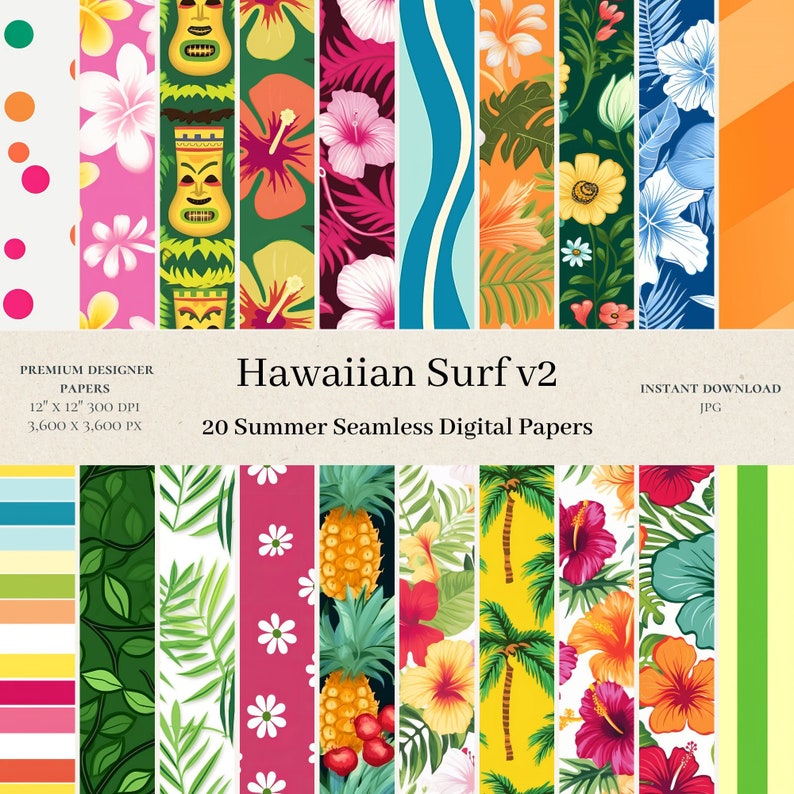 20 Hawaiian Surf Digital Papers - JPG, Tropical Seamless Pattern, Surf ...