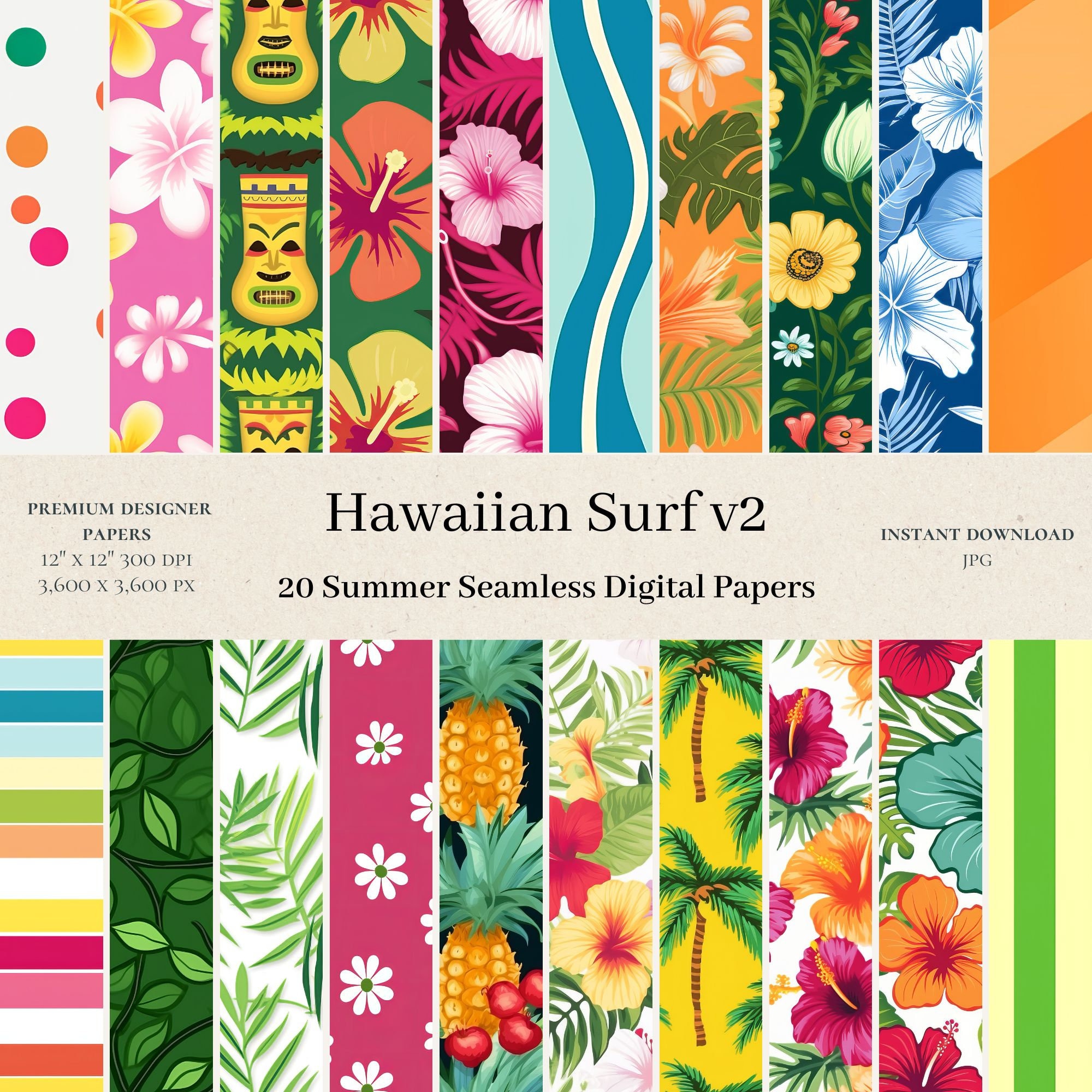 20 Hawaiian Surf Digital Papers - JPG, Tropical Seamless Pattern, Surf ...