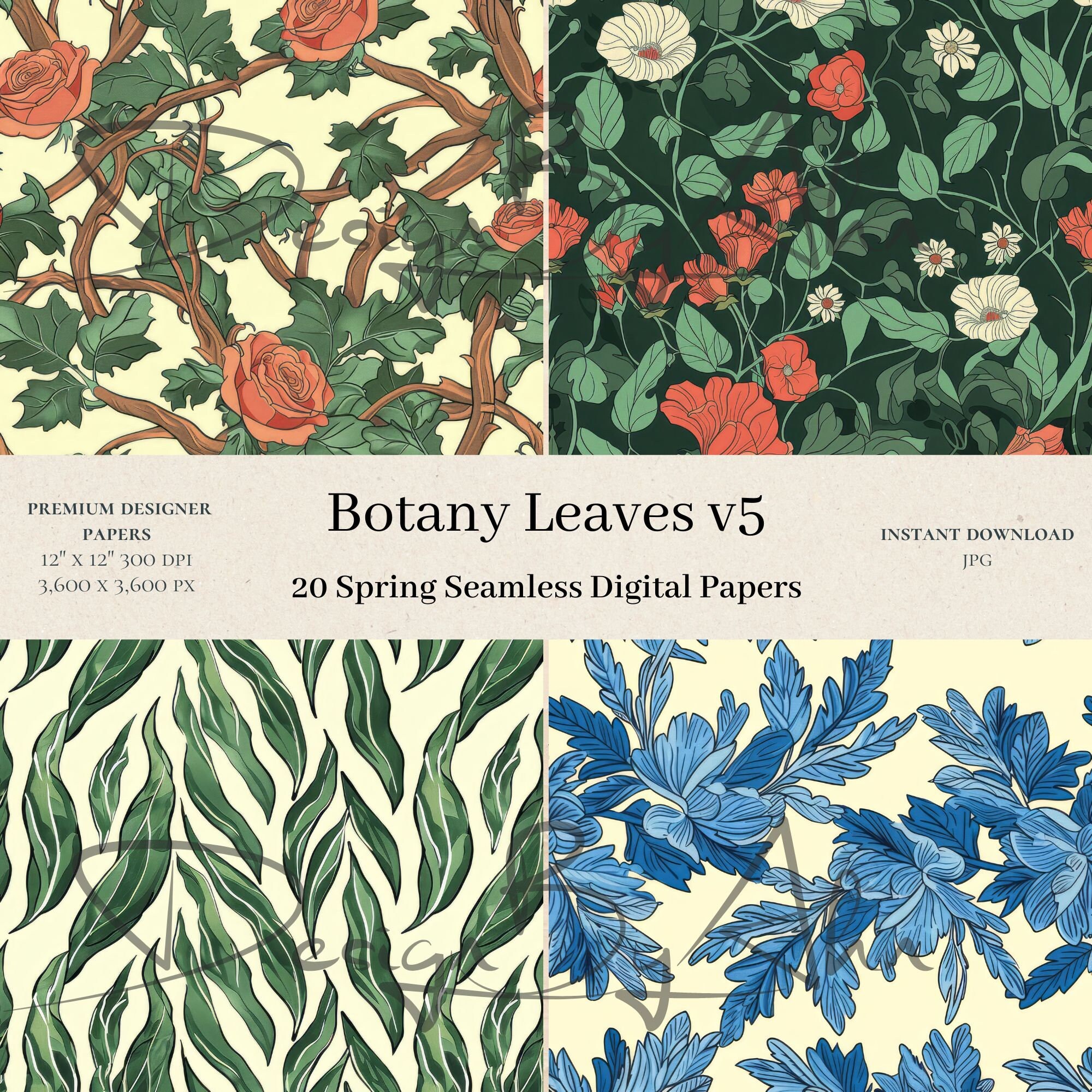 20 Botany Leaves Digital Papers Watercolor Scrapbook, Greenery Digital ...