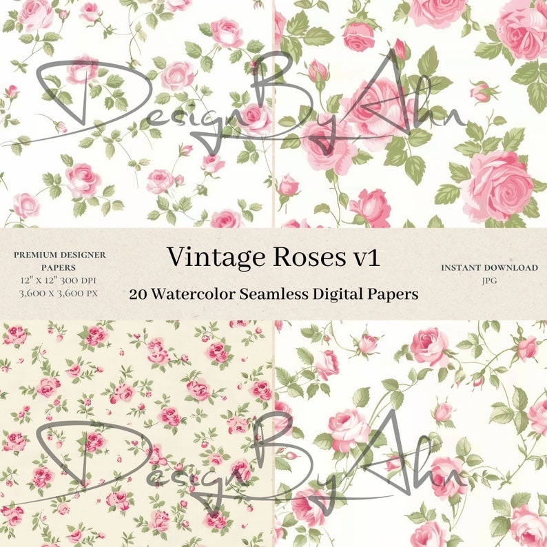 20 Vintage Roses Digital Papers - Pink Roses Seamless Digital Paper ...