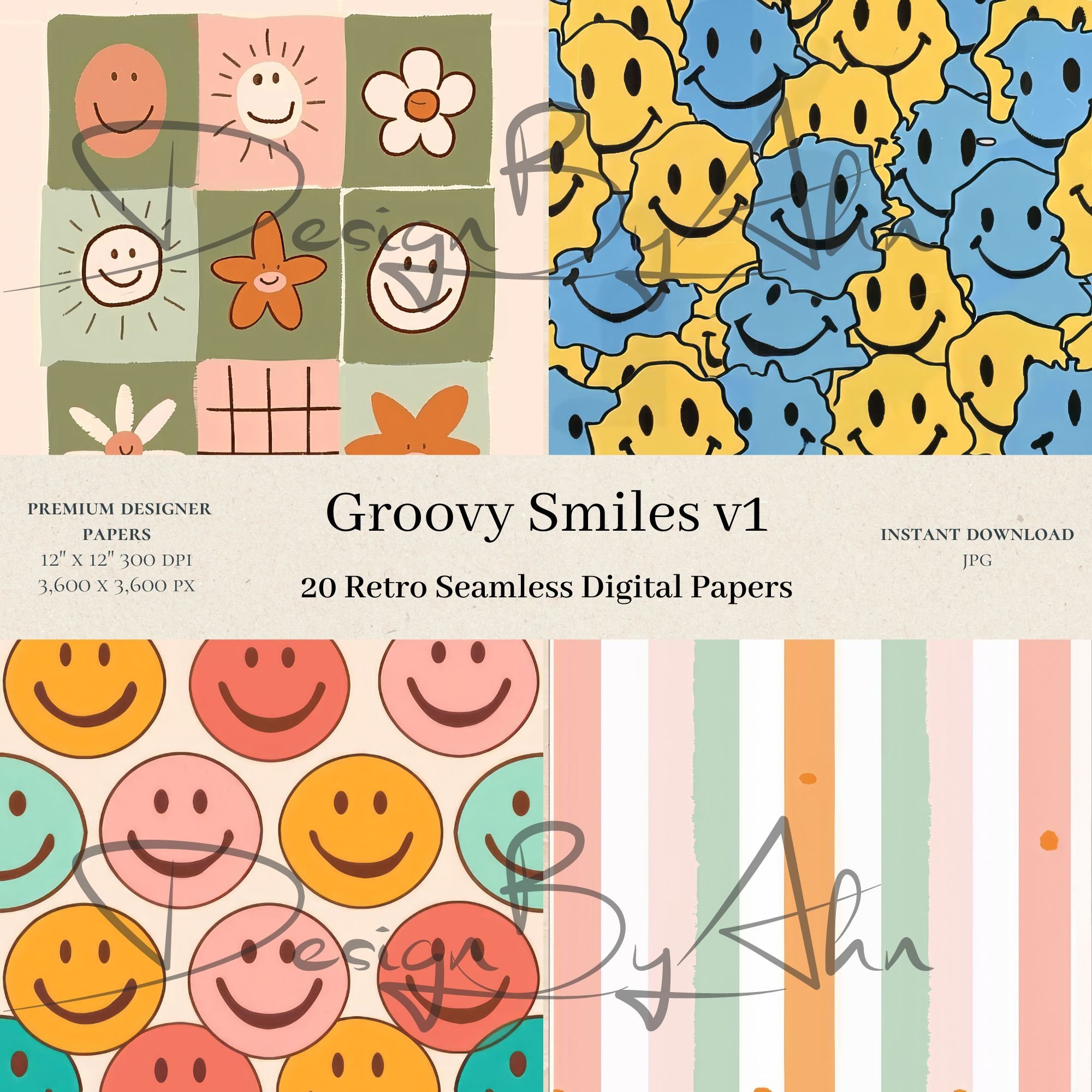 20 Groovy Smiles Digital Papers Seamless Patterns, Commercial Use ...
