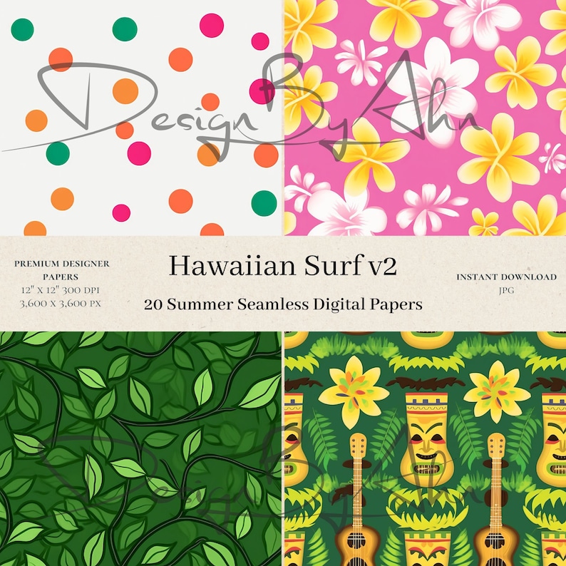 20 Hawaiian Surf Digital Papers - JPG, Tropical Seamless Pattern, Surf ...