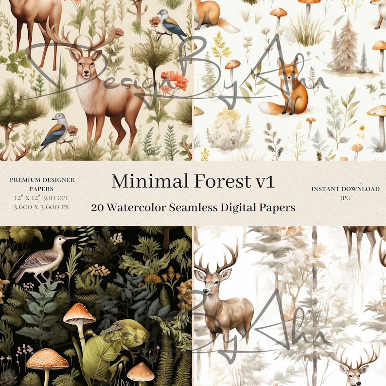 20 Minimal Forest Digital Papers - Watercolor Seamless Pattern, Junk ...