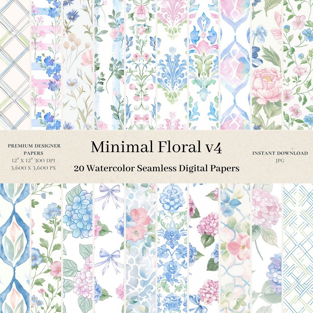 20 Minimal Floral Digital Papers - Watercolor Seamless Pattern ...