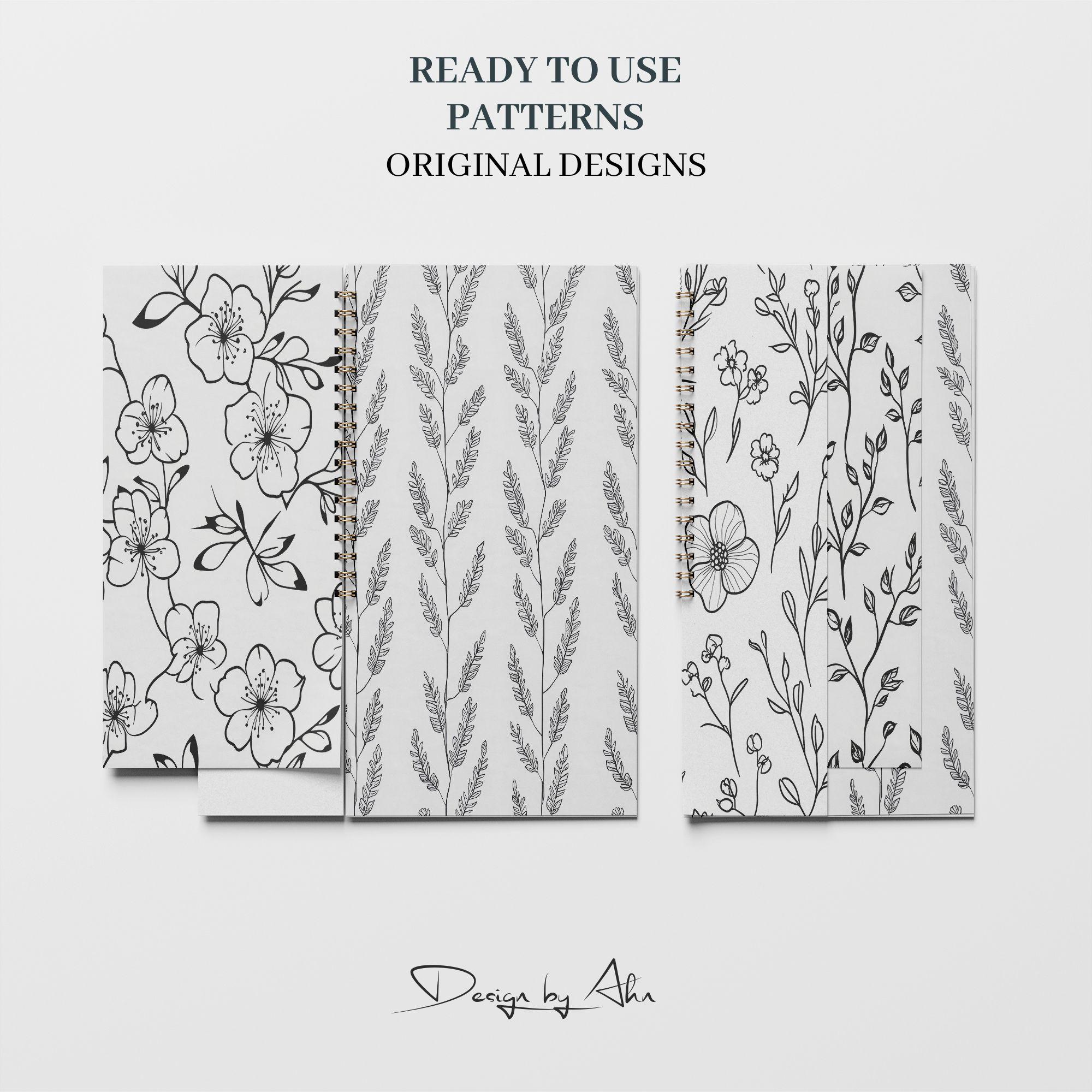 20 Black & White Boho Digital Papers - Floral Ink Background, Flower ...