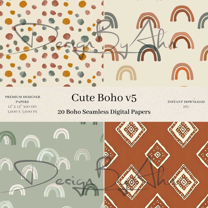 20 Cute Boho Digital Papers - Commercial Use, Scrapbook Paper ...