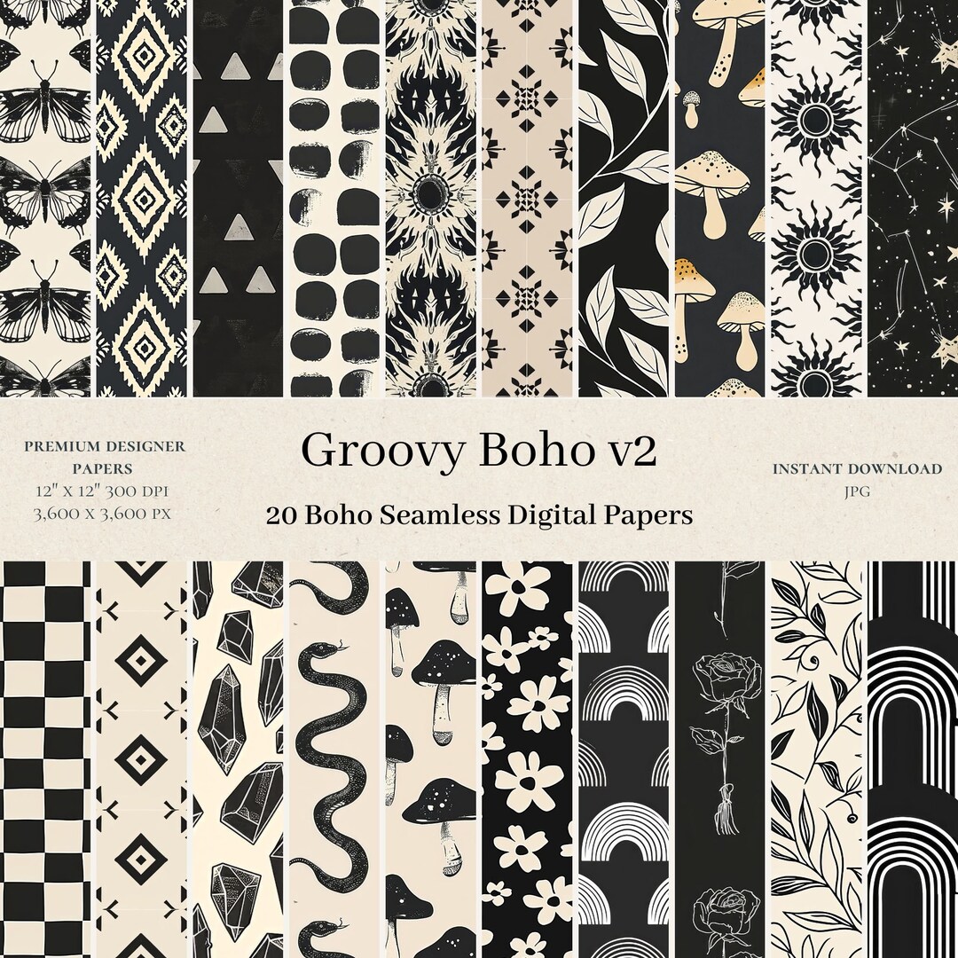20 Groovy Boho Digital Papers - Commercial Use, Seamless Pattern, Black ...