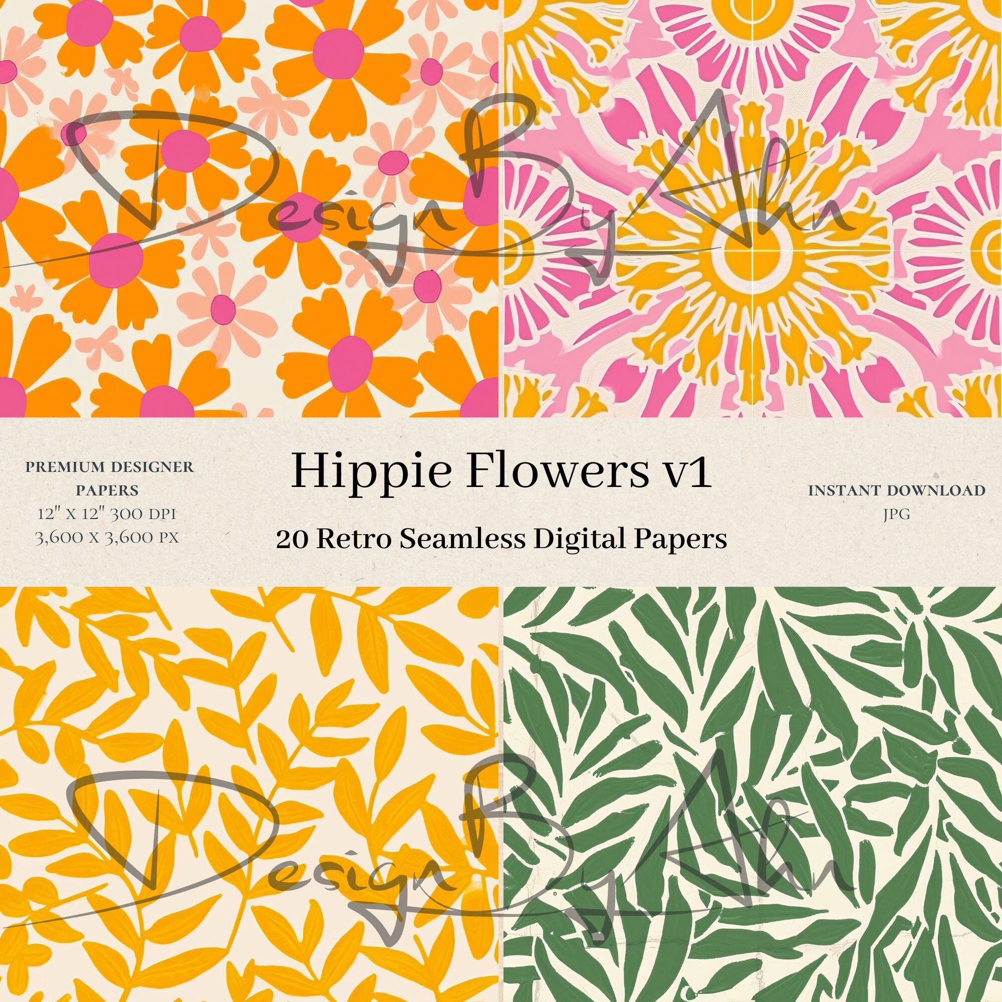 20 Hippie Flowers Digital Papers Seamless Patterns, Commercial Use ...