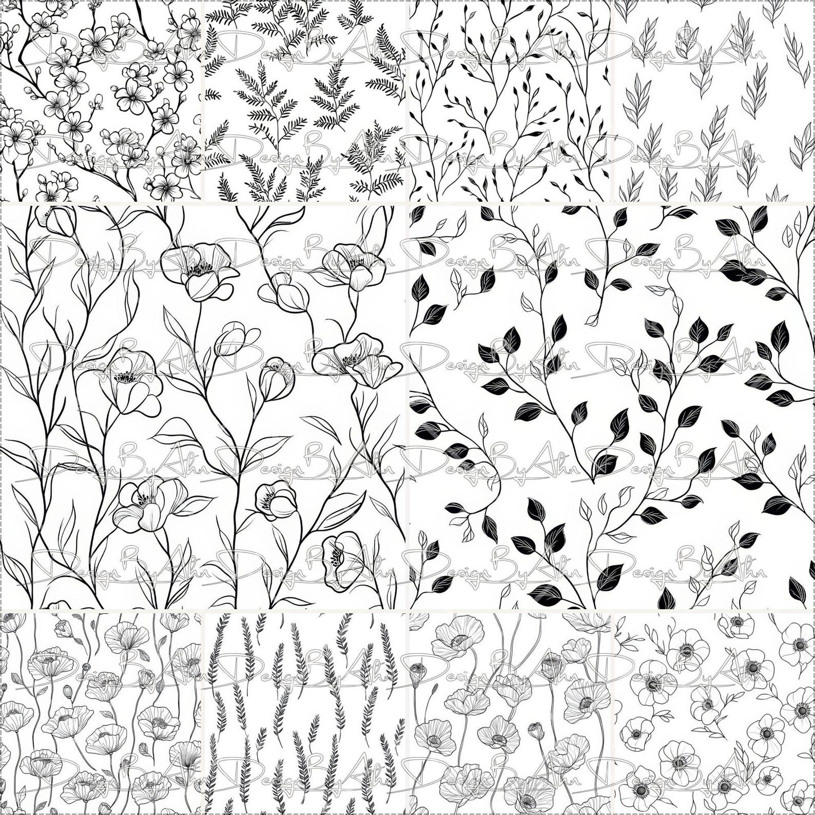 20 Black & White Boho Digital Papers - Floral Ink Background, Flower ...