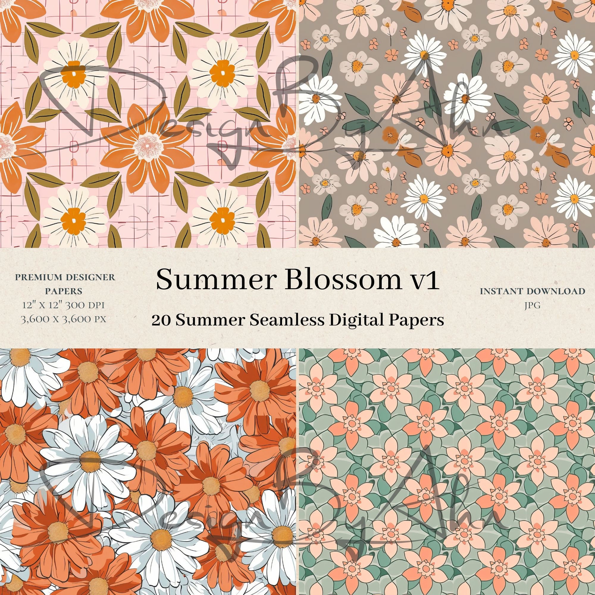 20 Summer Blossom Digital Papers Floral Scrapbook, Summer Digital Paper ...