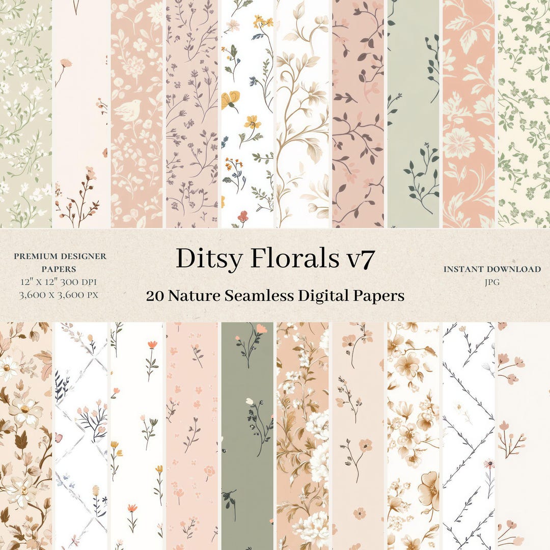 20 Ditsy Florals Digital Papers - Vintage Seamless Pattern, Cottagecore ...