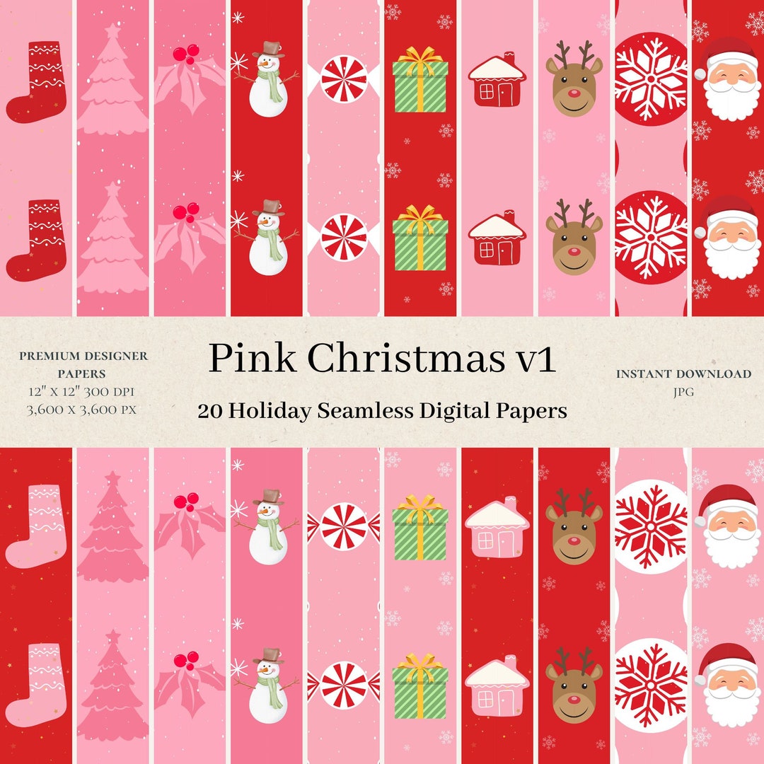 20 Pink Christmas Digital Papers - Holiday Seamless Pattern, Junk ...