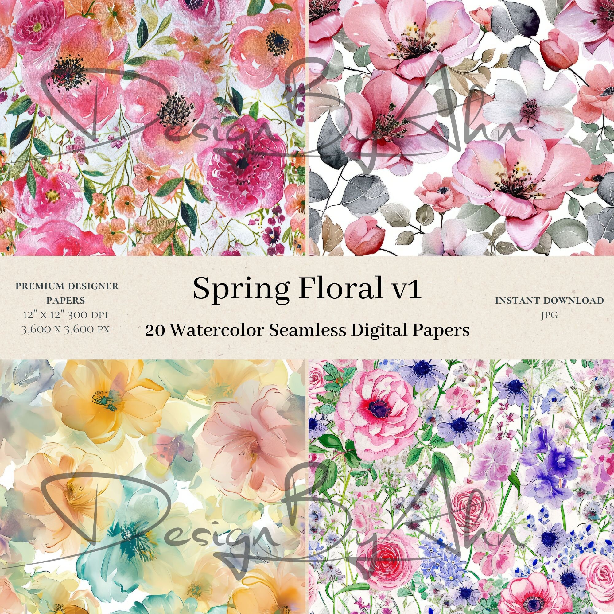 20 Spring Floral Digital Papers Watercolor Scrapbook, Seamless Digital ...
