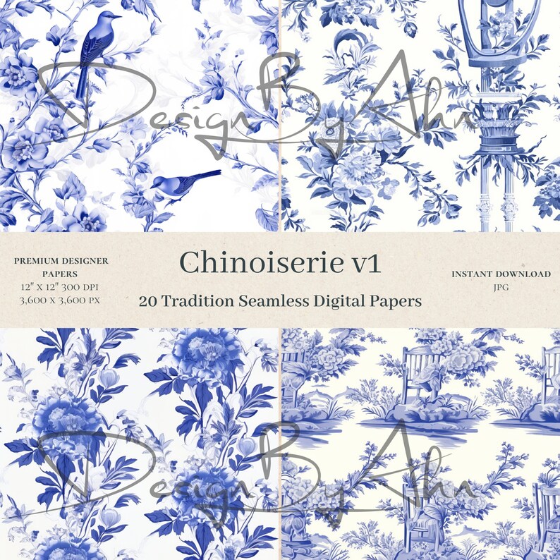 20 Chinoiserie Digital Papers Flower Scrapbook, Seamless Digital Paper ...