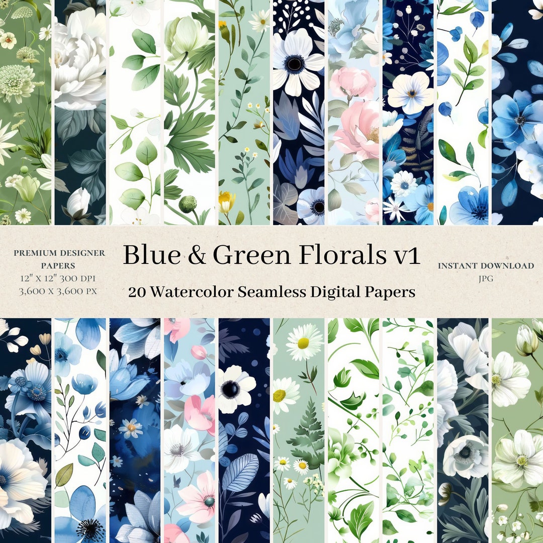 20 Blue & Green Florals Digital Papers - Watercolor Seamless Digital ...