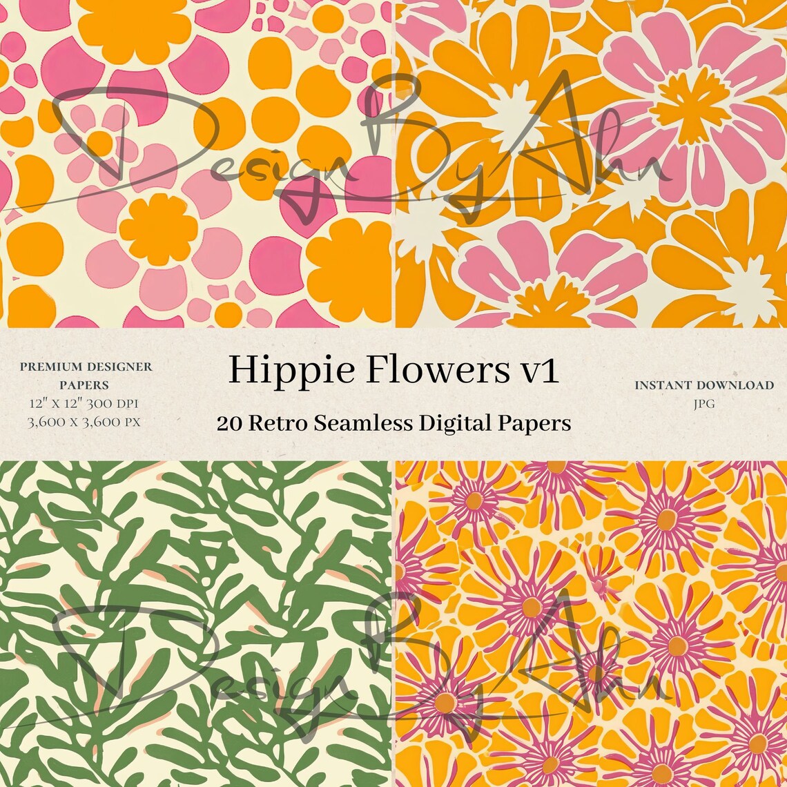 20 Hippie Flowers Digital Papers Seamless Patterns, Commercial Use ...